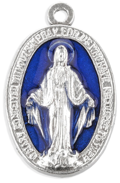 Miraculous Medal in Silver Finish with Blue Epoxy 9/16" — Gospa Missions